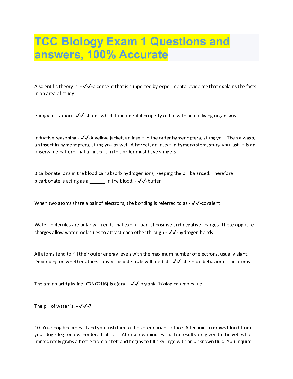 TCC Biology Exam 1 Questions and answers, 100% Accurate - Scholarfriends