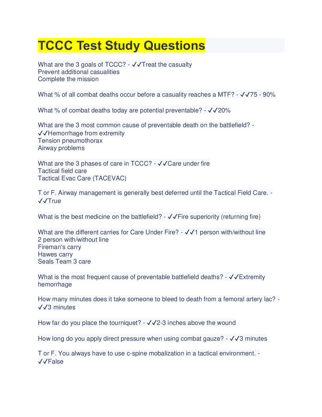 TCCC Test Study Questions | 100% Correct Answers - Scholarfriends