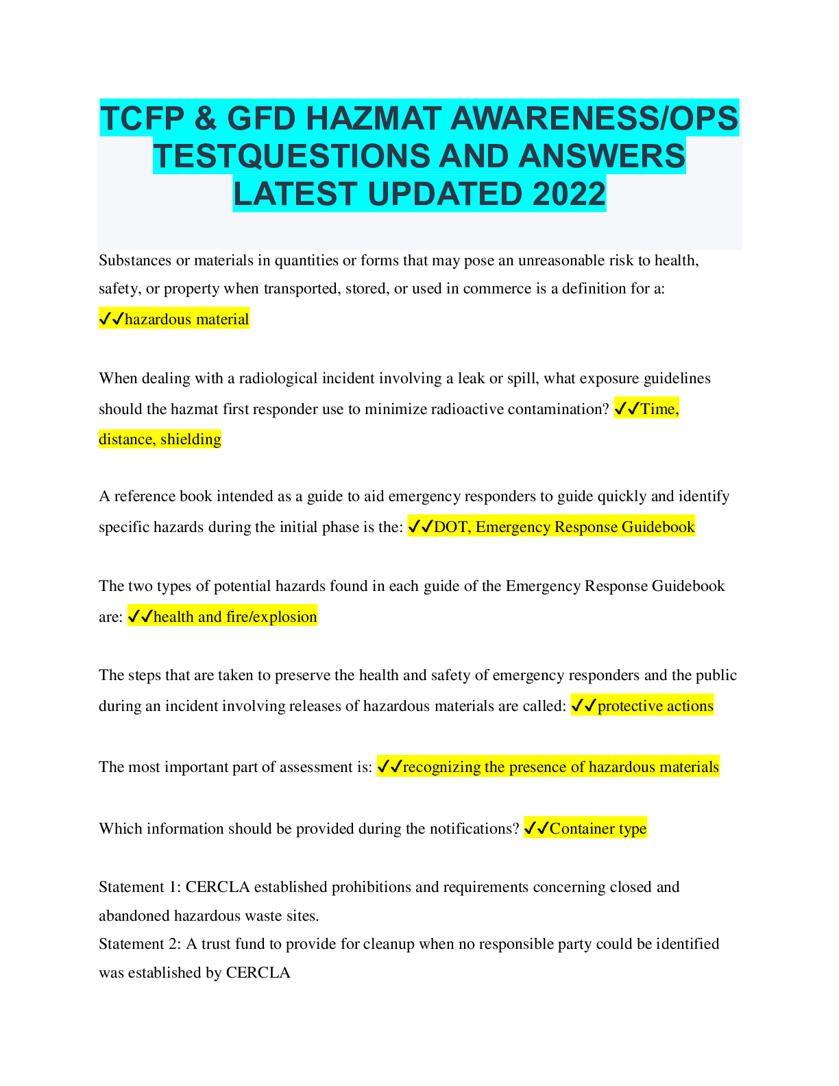 TCFP & GFD HAZMAT AWARENESS/OPS TESTQUESTIONS AND ANSWERS LATEST ...