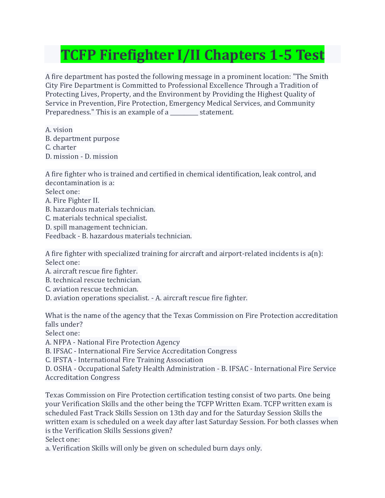 TCFP Firefighter I/II Chapters 1-5 Test Latest Update Questions And ...
