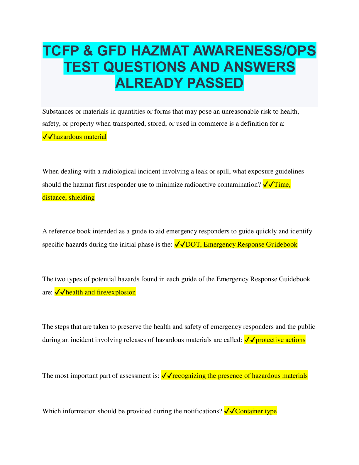 TCFP & GFD HAZMAT AWARENESS/OPS TEST QUESTIONS AND ANSWERS ALREADY ...