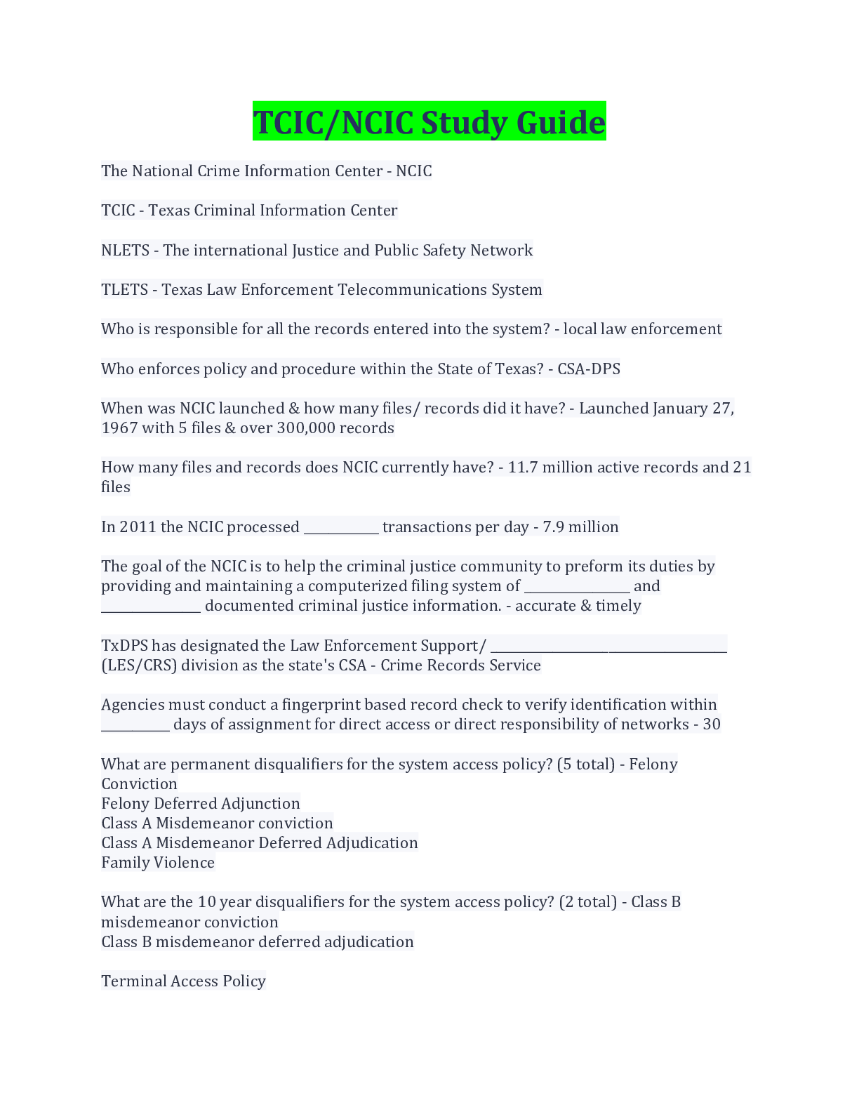 TCIC/NCIC Study Guide Questions And Answers With Complete Solution ...