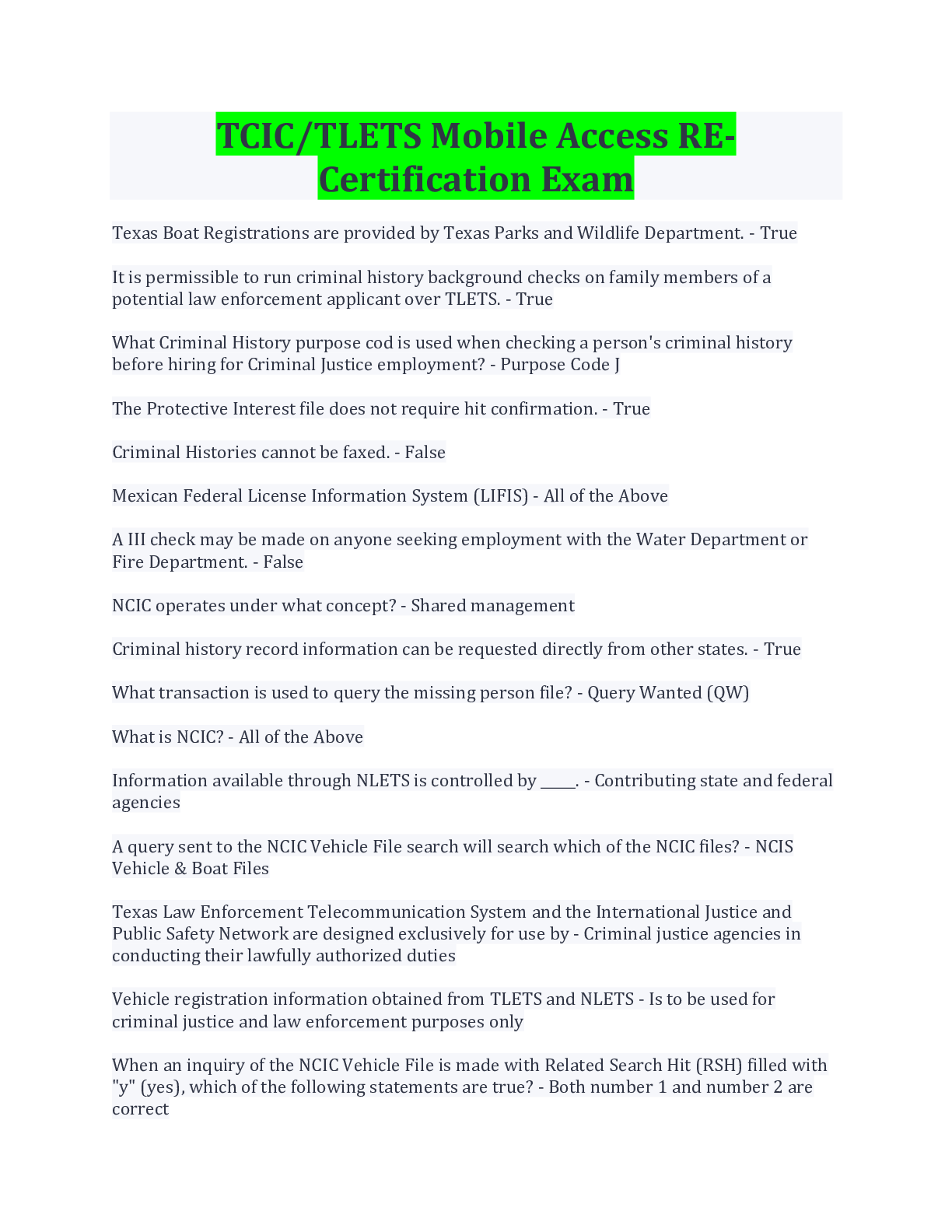 TCIC/TLETS Mobile Access RE-Certification Exam Questions And Answers ...