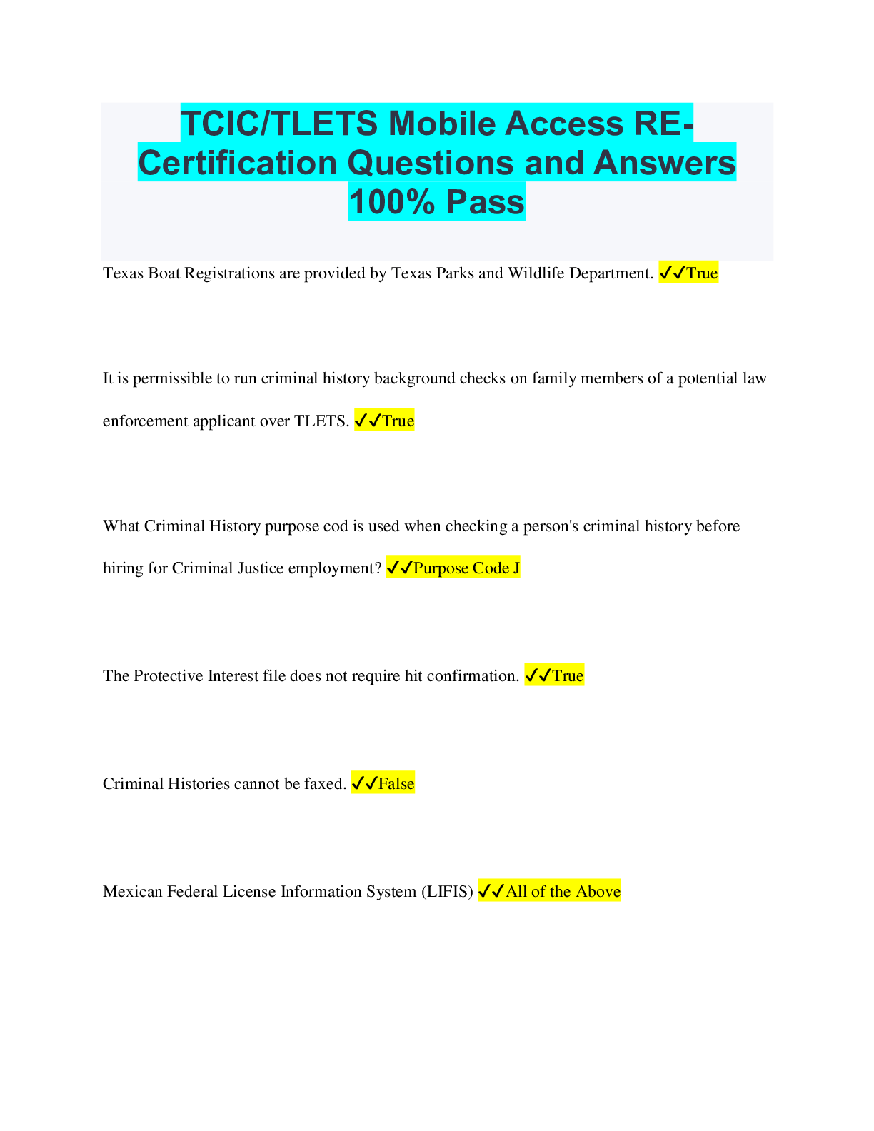 TCIC/TLETS Mobile Access RECertification Questions and Answers 100% ...