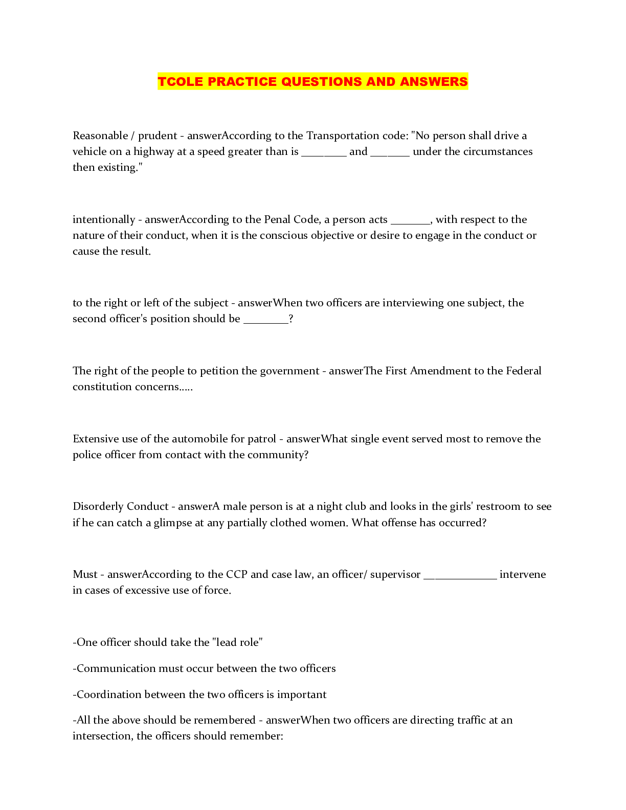 TCOLE PRACTICE QUESTIONS AND ANSWERS - Scholarfriends