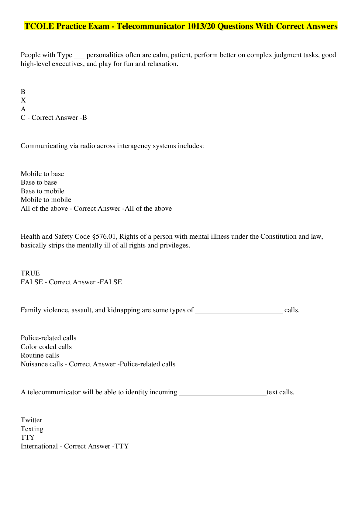 TCOLE Practice Exam - Telecommunicator 1013/20 Questions With Correct ...