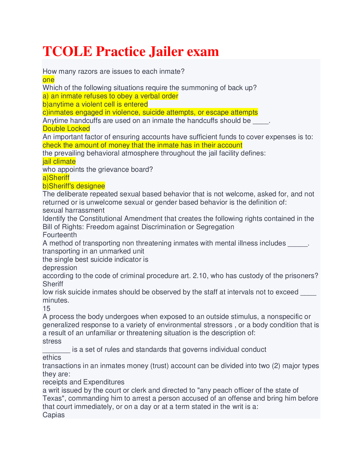 TCOLE Practice Jailer exam Questions With Correct Answers/RATED A+ ...