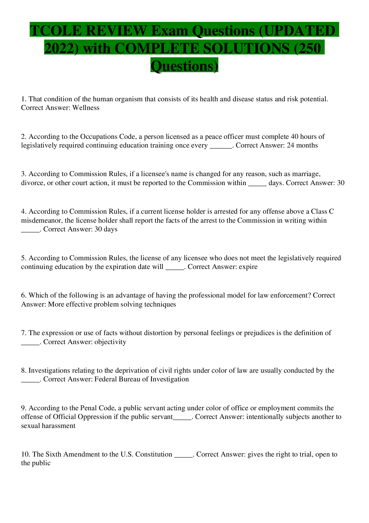 TCOLE(Texas Commission on Law Enforcement)|Exam Questions with COMPLETE ...