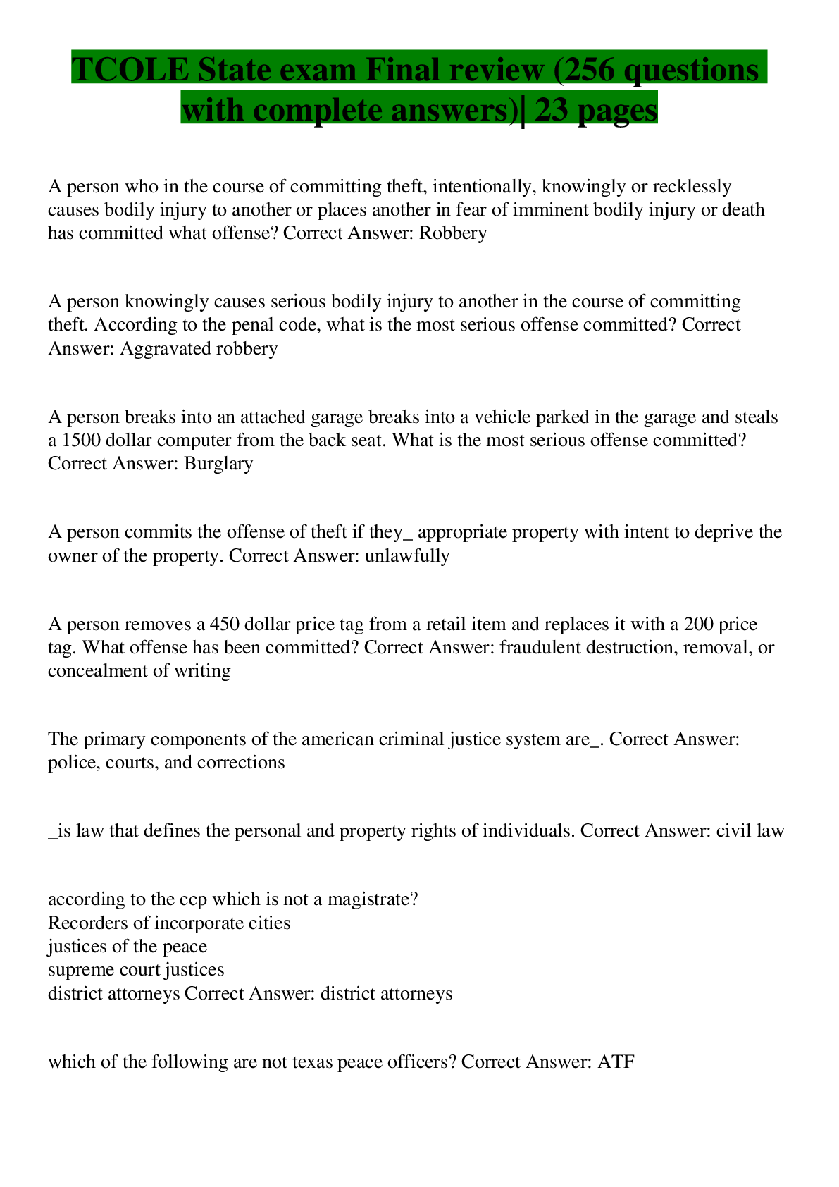 TCOLE State exam Final review (256 questions with complete answers)| 23 ...