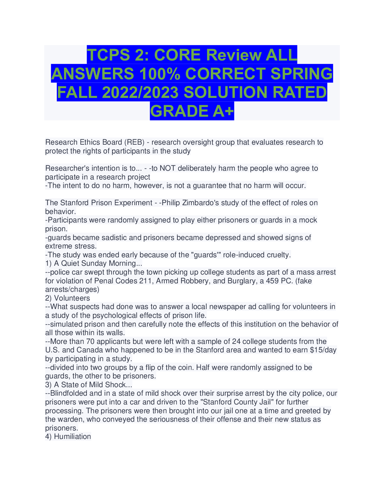 TCPS 2: CORE Review ALL ANSWERS 100% CORRECT SPRING FALL 2022/2023 ...