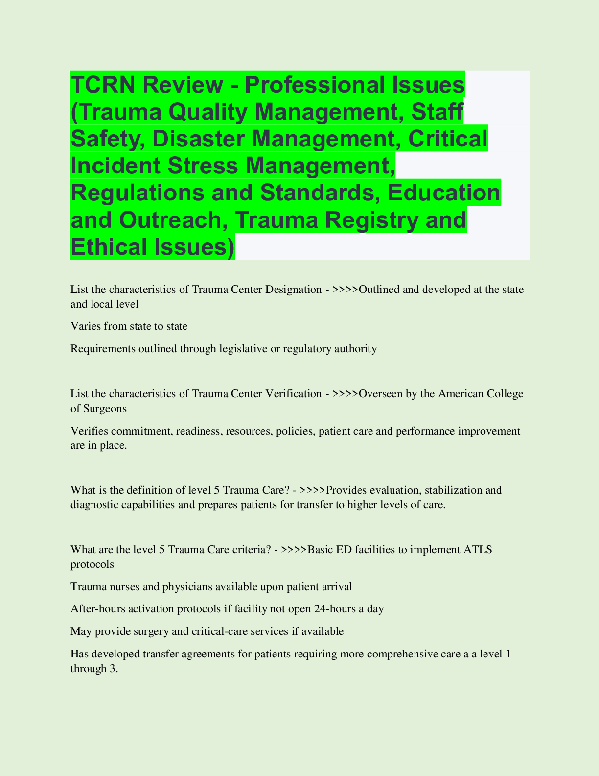 TCRN Review - Professional Issues (Trauma Quality Management, Staff ...