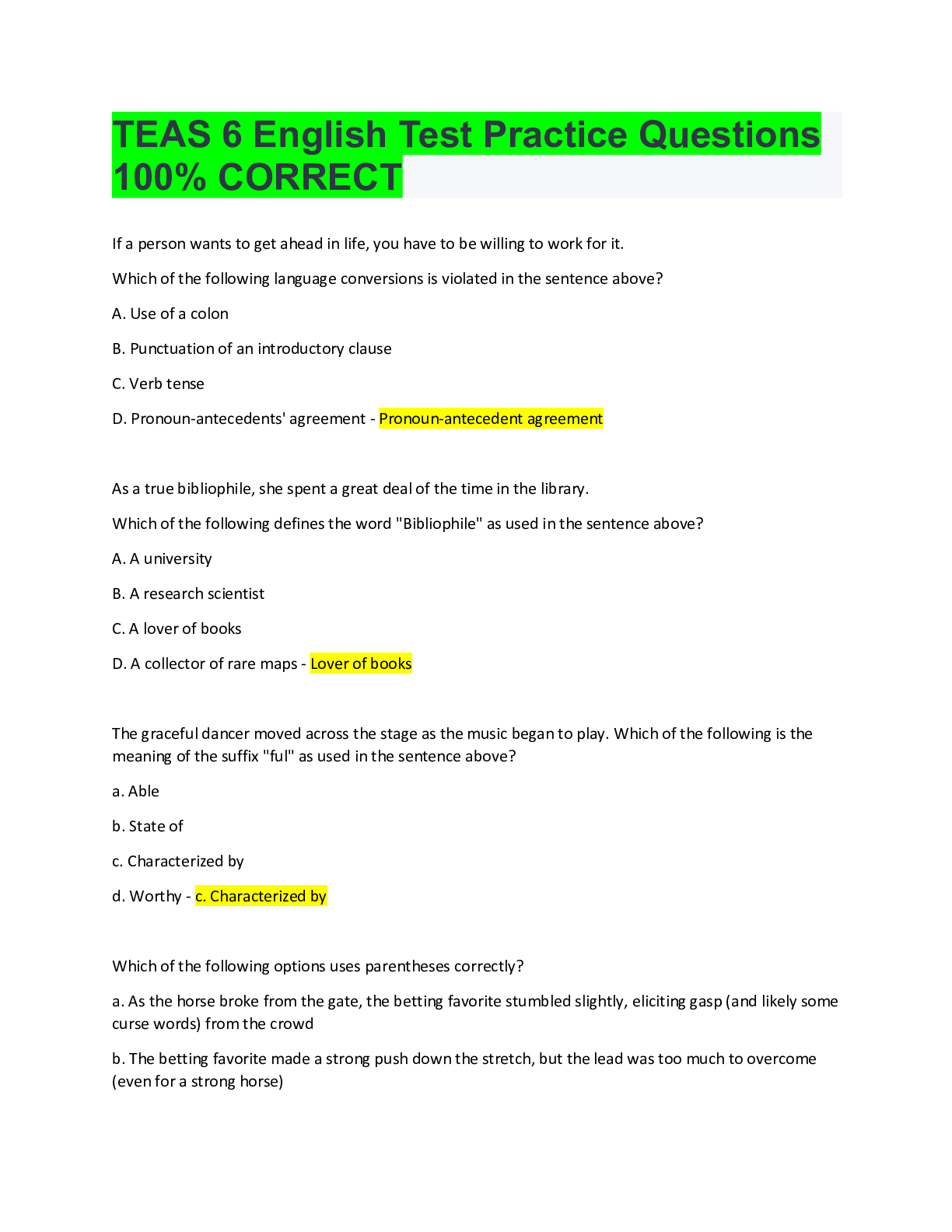 TEAS 6 English Test Practice Questions 100% CORRECT – Scholarfriends ...