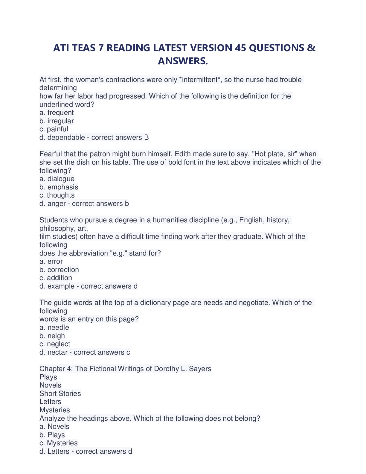 2023/2024 ATI TEAS 7 READING LATEST VERSION 45 QUESTIONS & ANSWERS ...