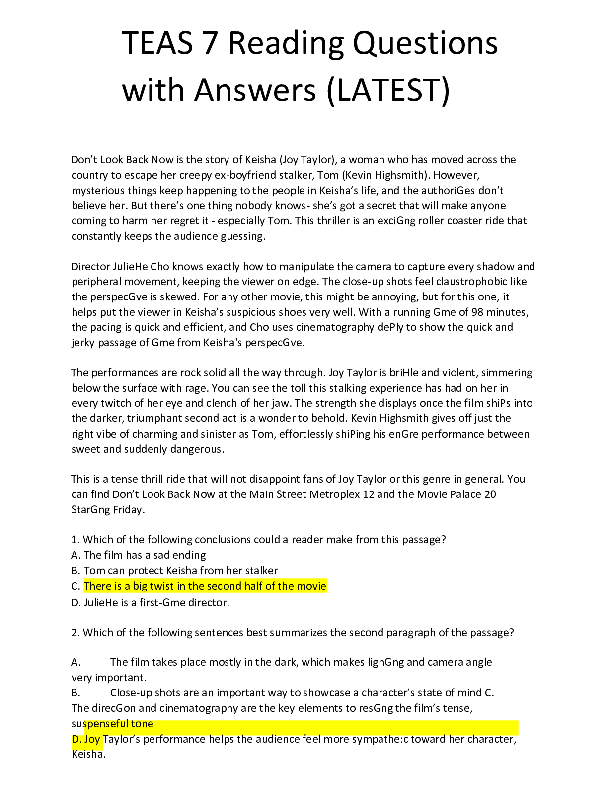 TEAS 7 Reading Questions with Answers (LATEST) - Scholarfriends