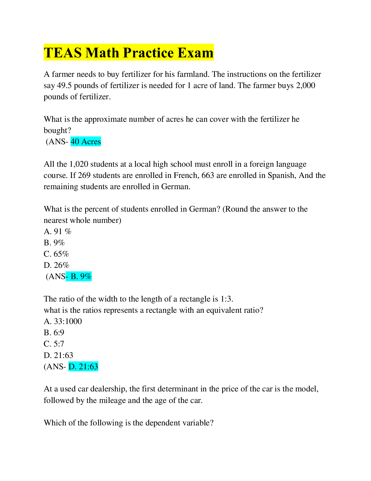 ATI TEAS 7 Math Practice Exam/Questions & Answers/Guaranteed/A+Guide ...