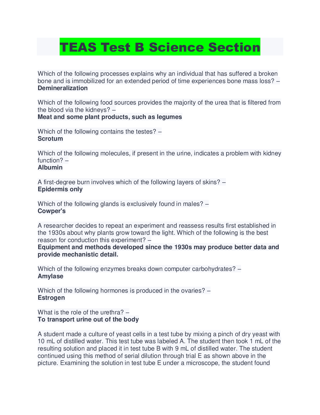 TEAS Test B Science Section Questions And Answers Latest 2022( Complete ...