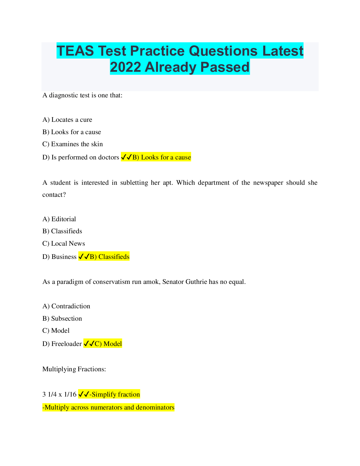 TEAS Test Practice Questions Latest 2022 Already Passed - Scholarfriends