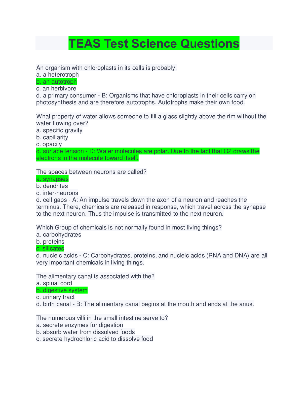 TEAS Test Science Questions And Answers Graded A – Scholarfriends ...