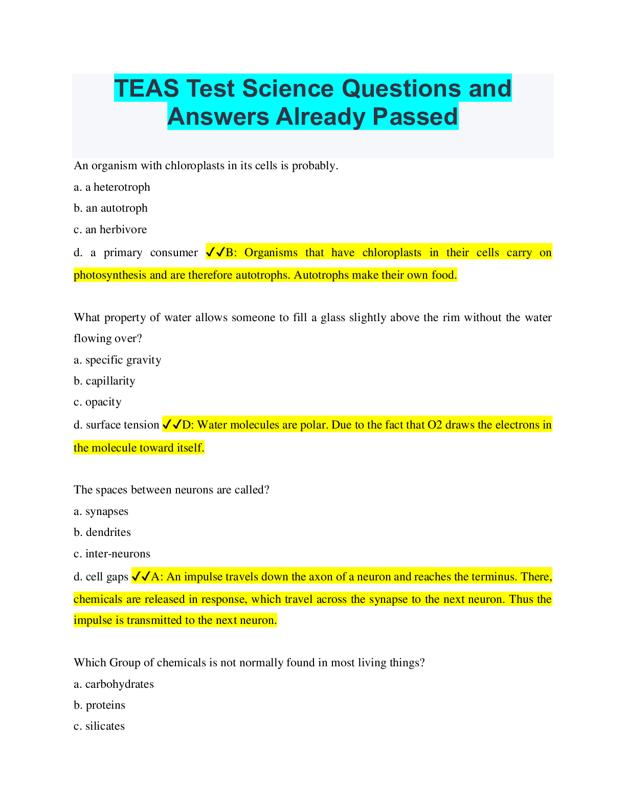 TEAS Test Science Questions and Answers Already Passed - Scholarfriends