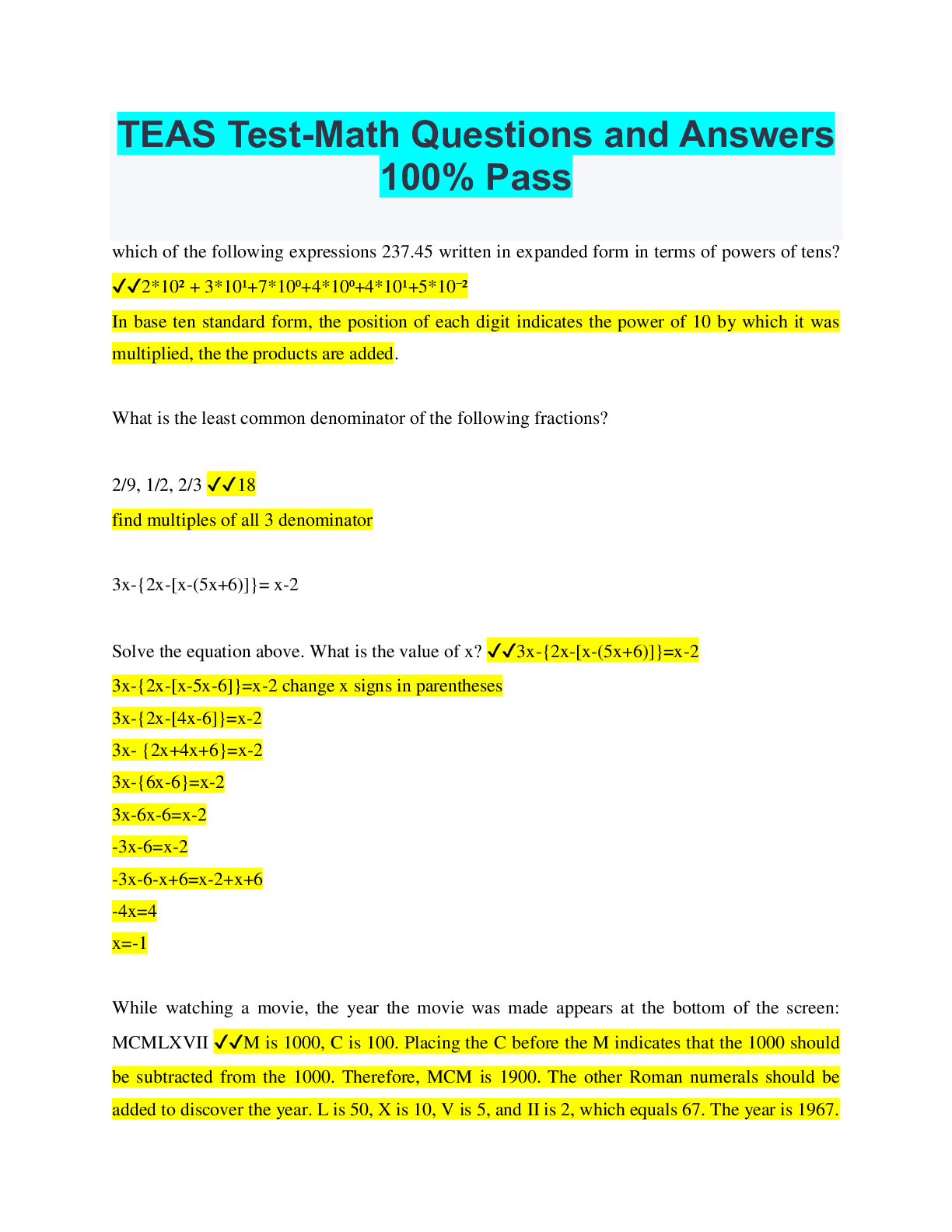 TEAS Test-Math Questions and Answers 100% Pass - Scholarfriends