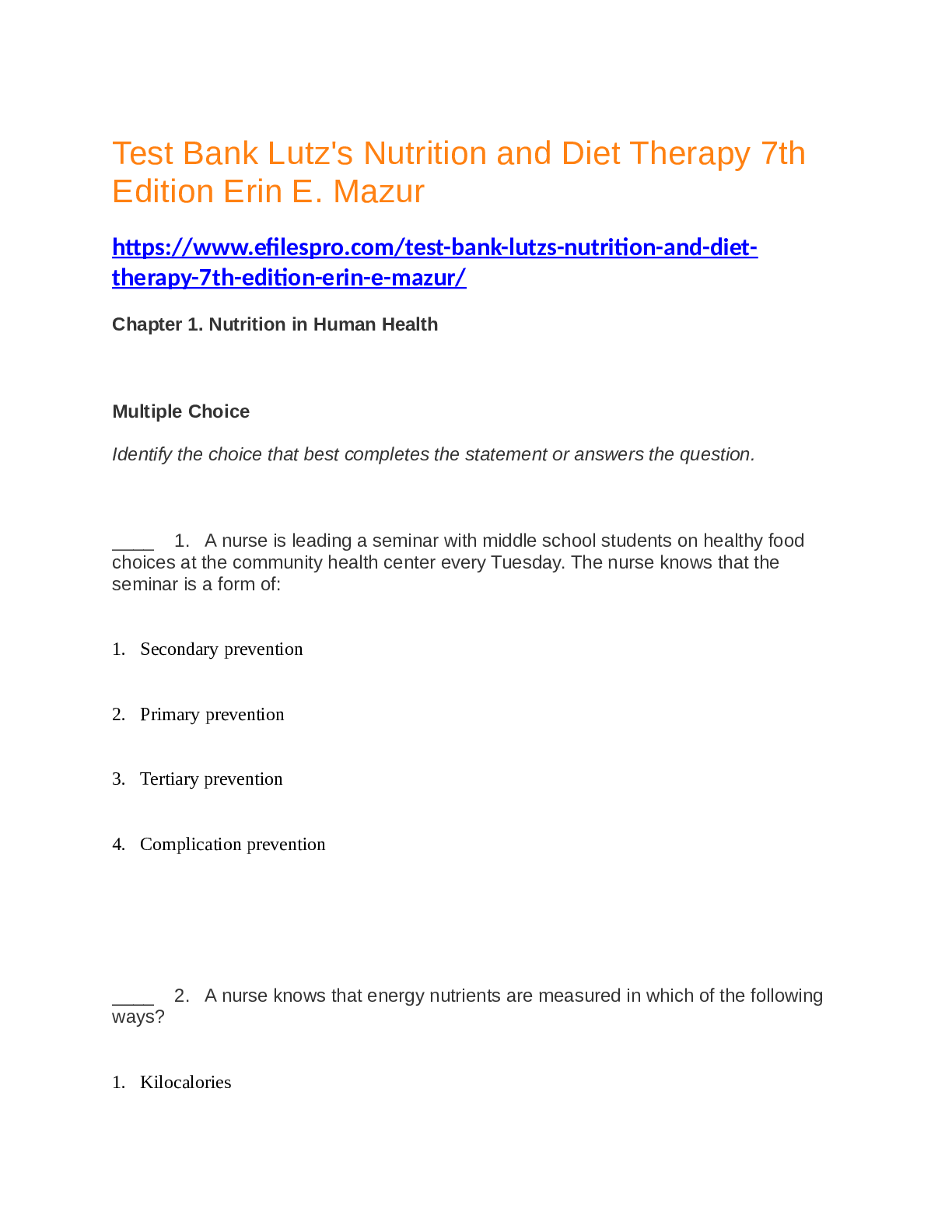 TEST BANK FOR LUTZ'S NUTRITION AND DIET THERAPY 7TH EDITION BY MAZUR ...
