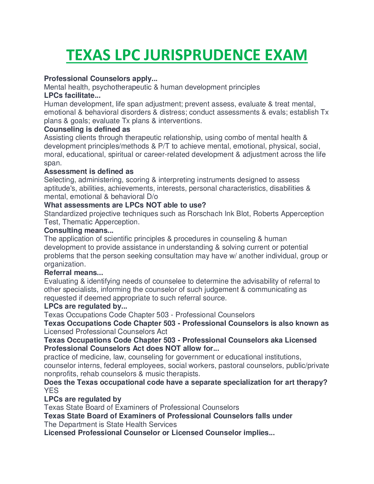 TEXAS LPC JURISPRUDENCE EXAM 2022/2023 WITH COMPLETE SOLUTION|100% ...