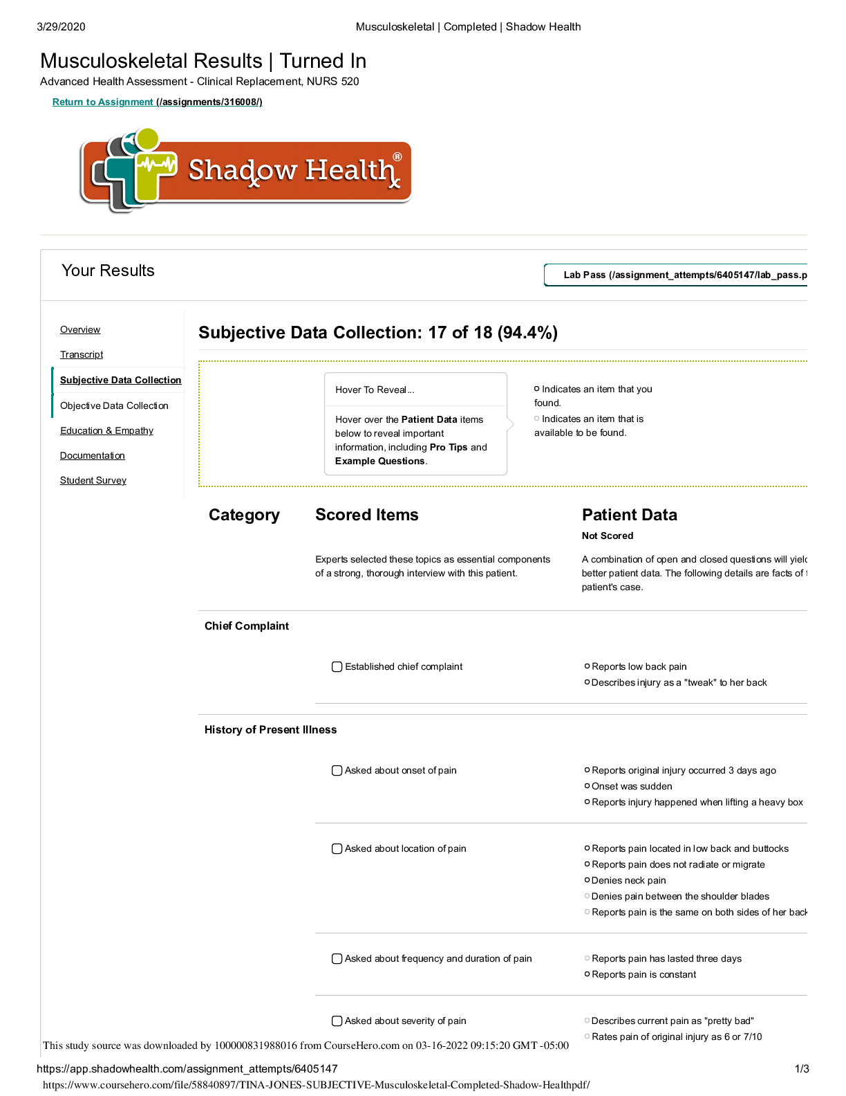 TINA JONES SUBJECTIVE Musculoskeletal _ Completed _Shadow_Health ...
