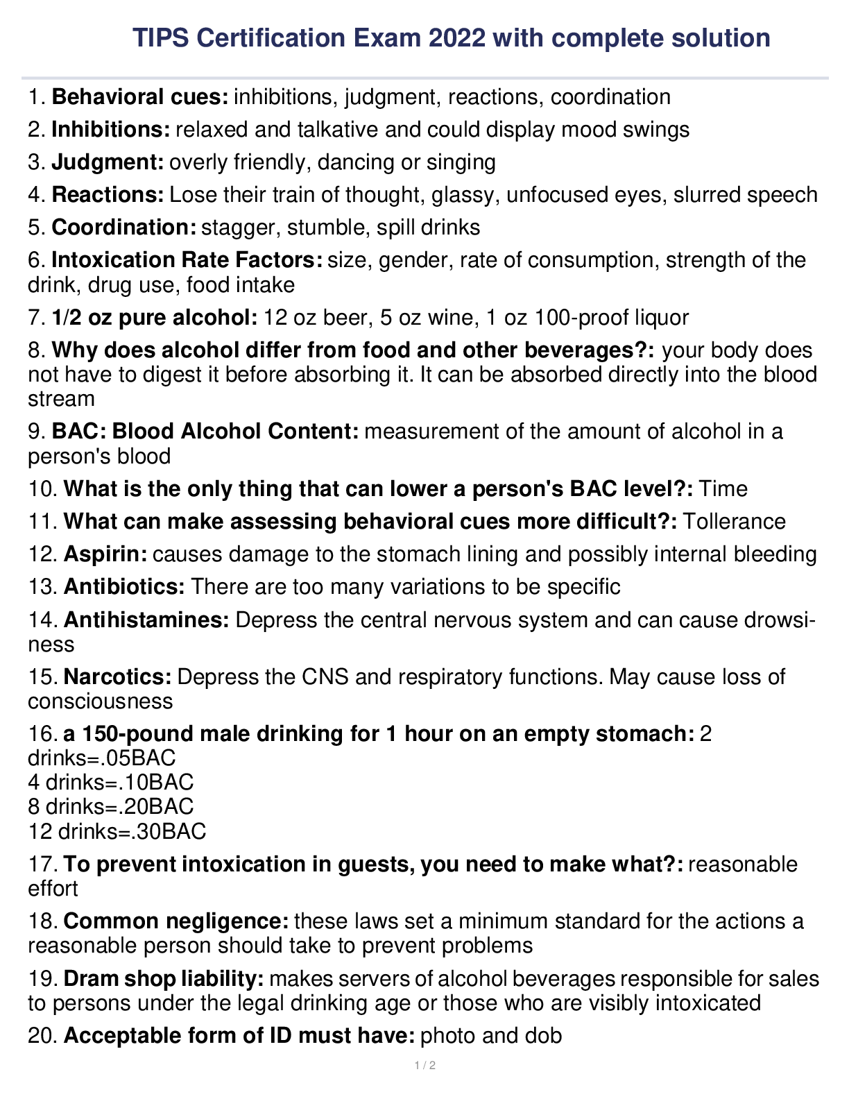 TIPS Certification Exam 2022 with complete solution - Scholarfriends