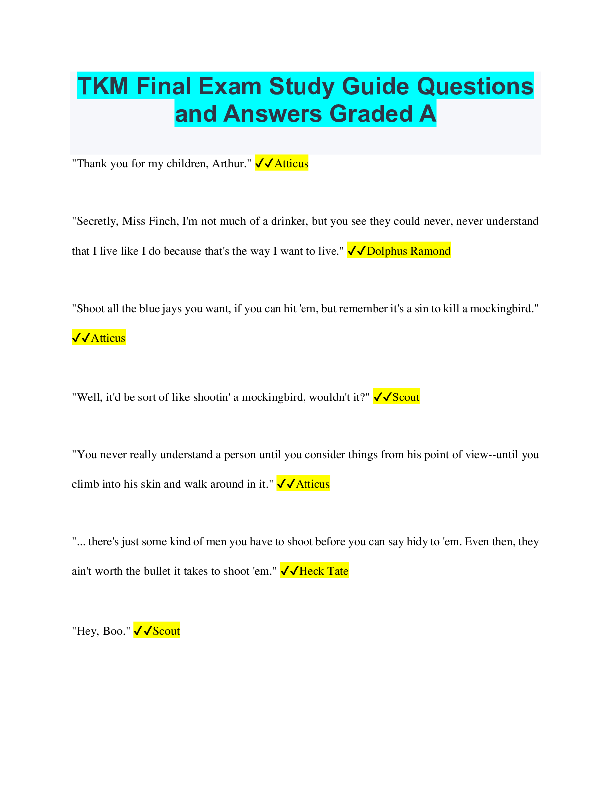 TKM Final Exam Study Guide Questions and Answers Graded A - Scholarfriends