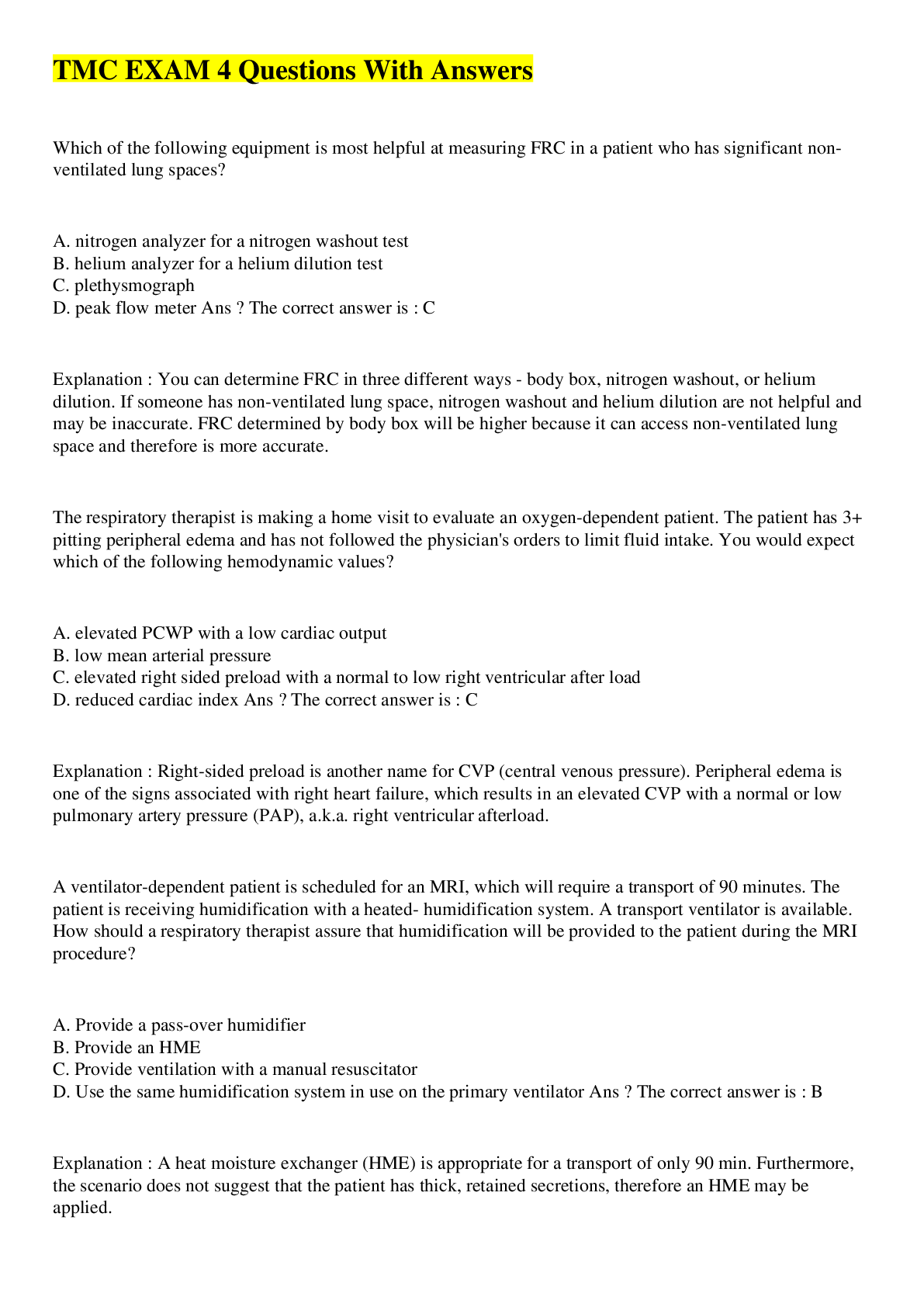 TMC EXAM 4 Questions With Answers - Scholarfriends