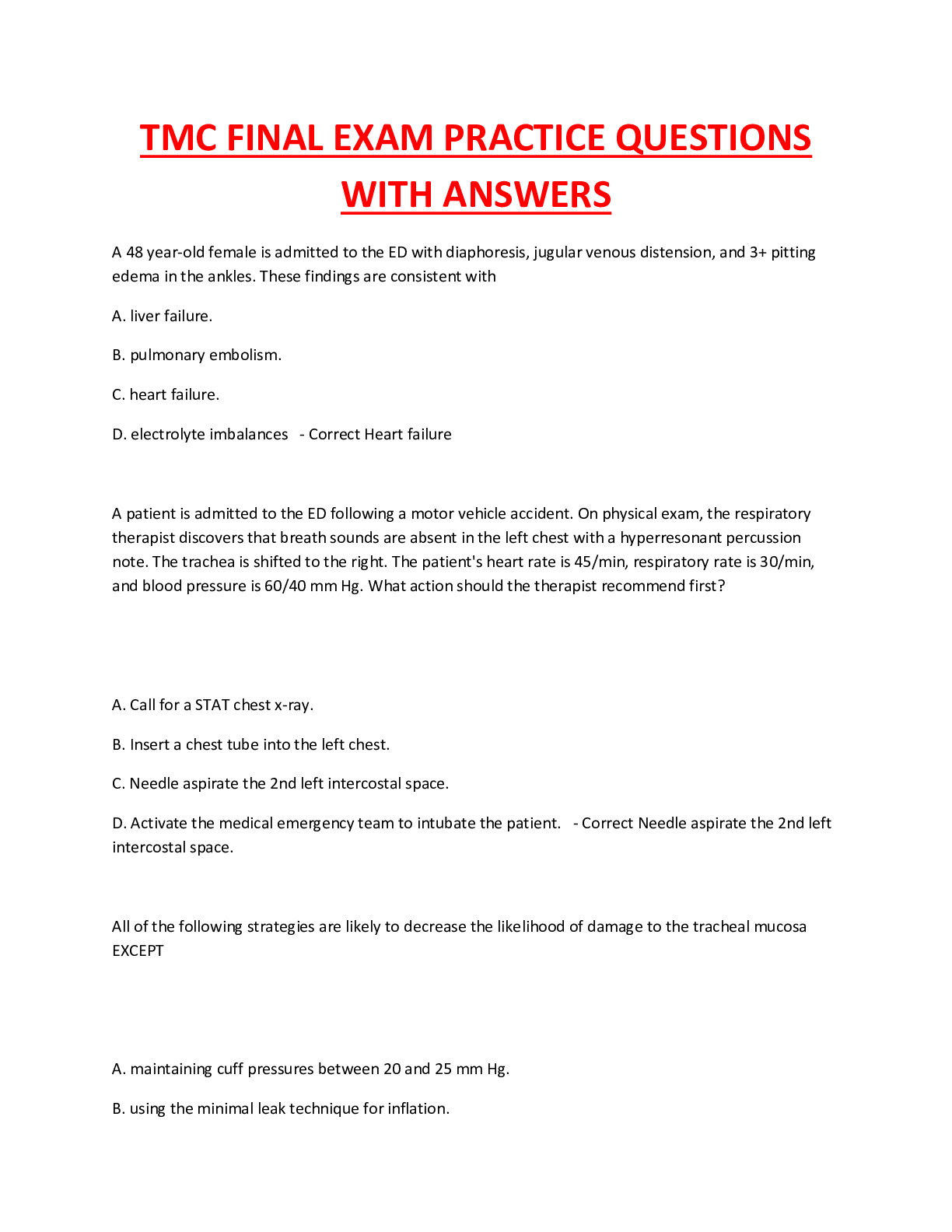 TMC FINAL EXAM PRACTICE QUESTIONS WITH ANSWERS - Scholarfriends