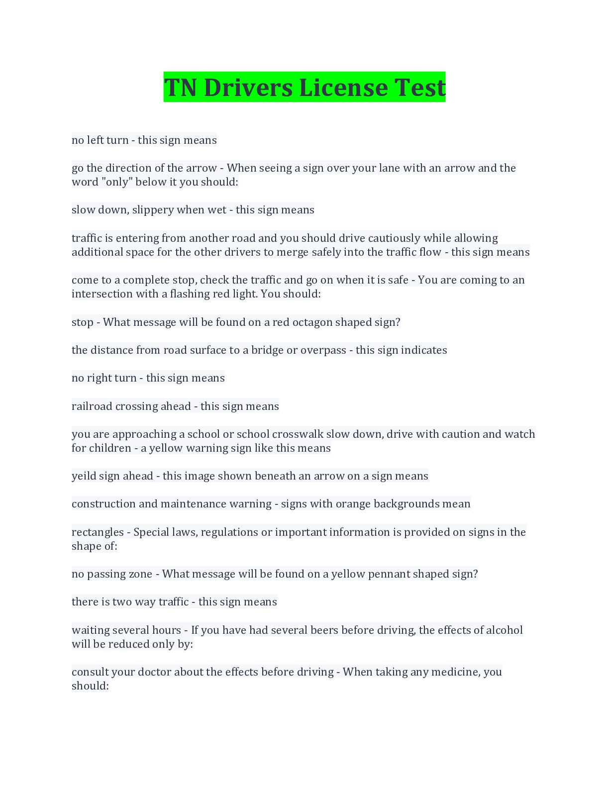 TN Drivers License Test Questions And Answers - Scholarfriends