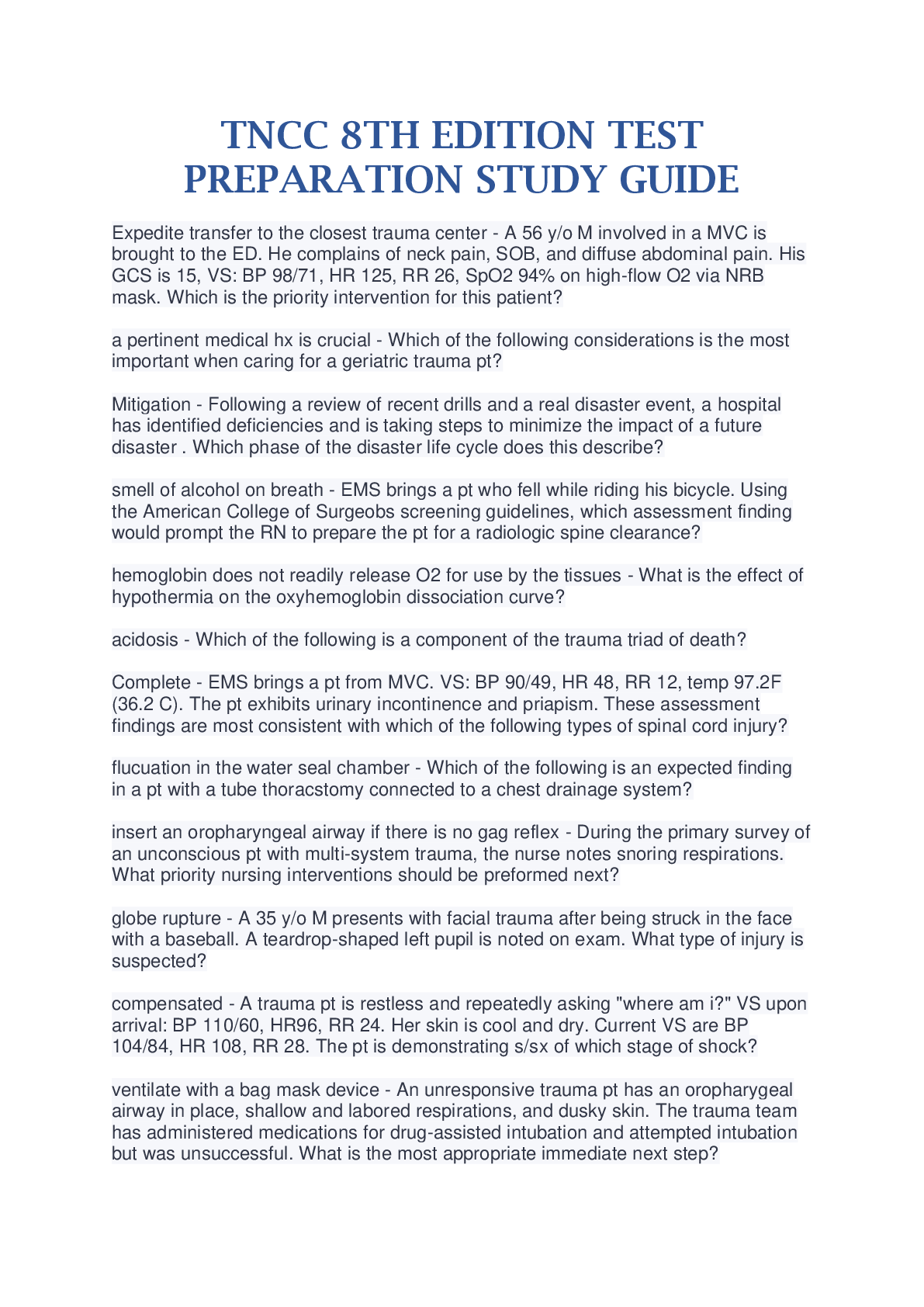 TNCC 8TH EDITION TEST PREPARATION STUDY GUIDE LATEST 2023 - Scholarfriends