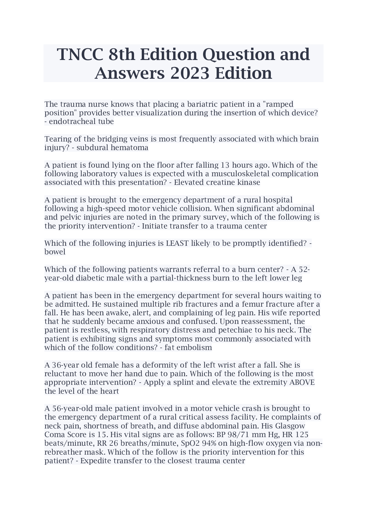 TNCC 8th Edition Question and Answers Latest 2023/2024 Edition ...