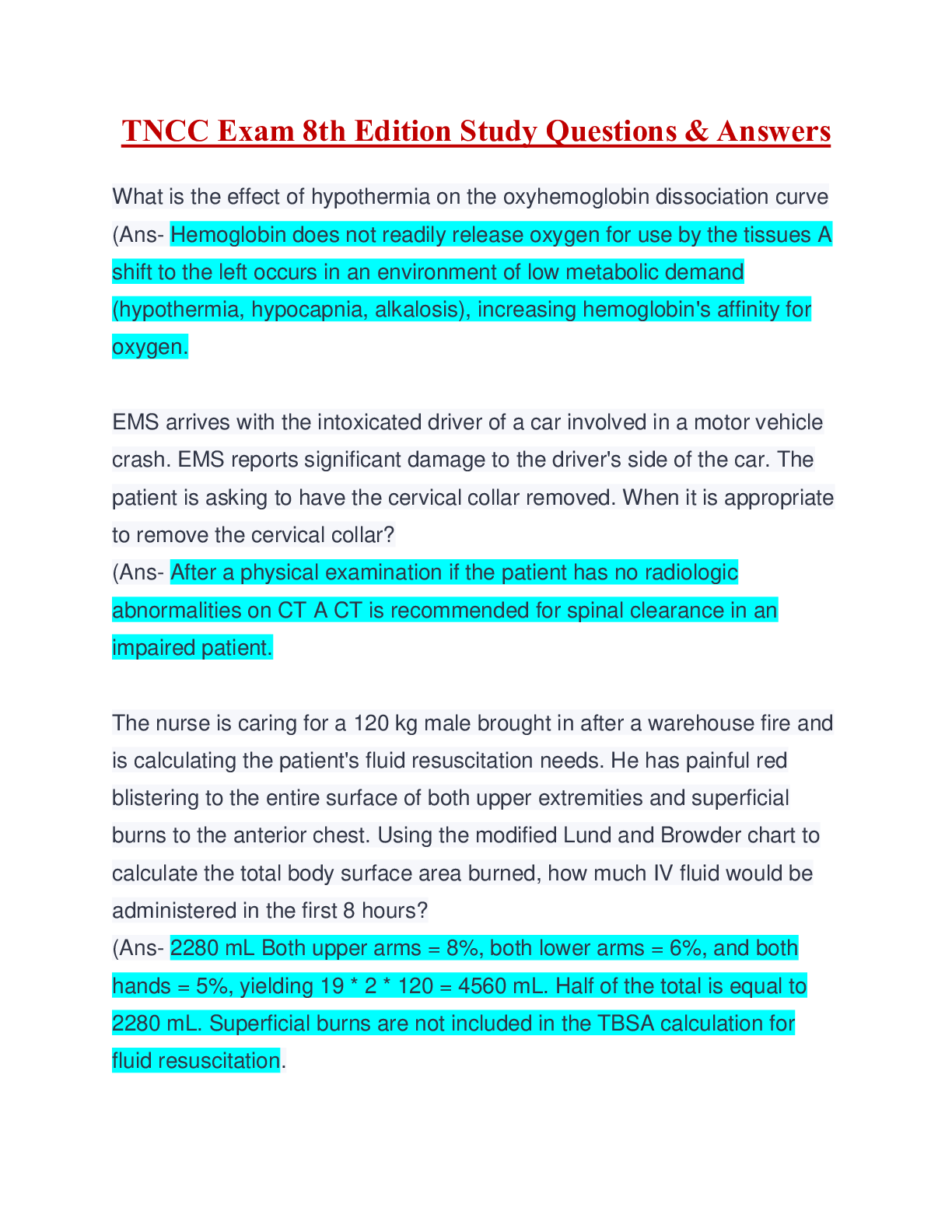 TNCC Exam 8th Edition Study Questions & Answers: Latest Updated A+ ...