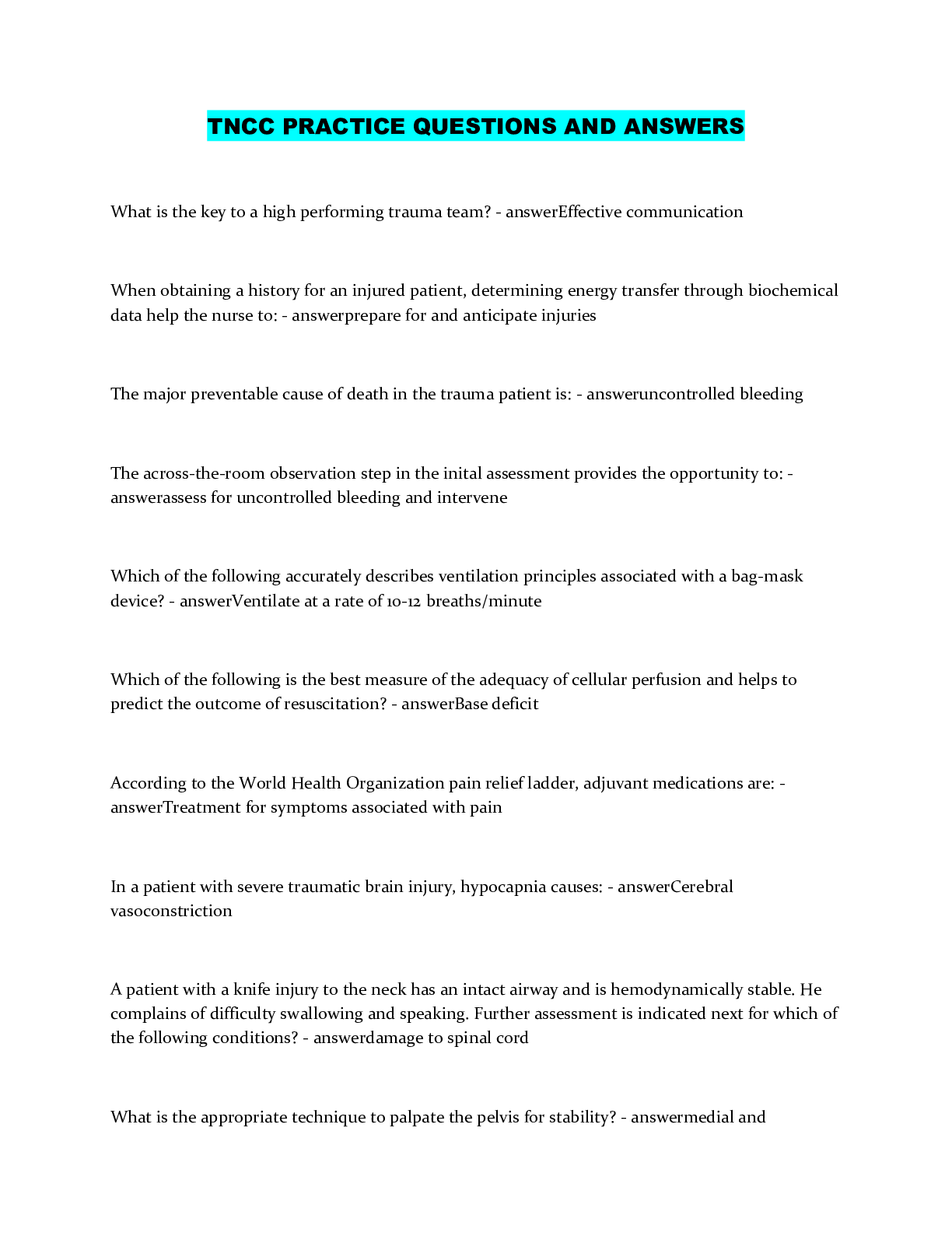 TNCC PRACTICE QUESTIONS AND ANSWERS – Scholarfriends - Scholarfriends