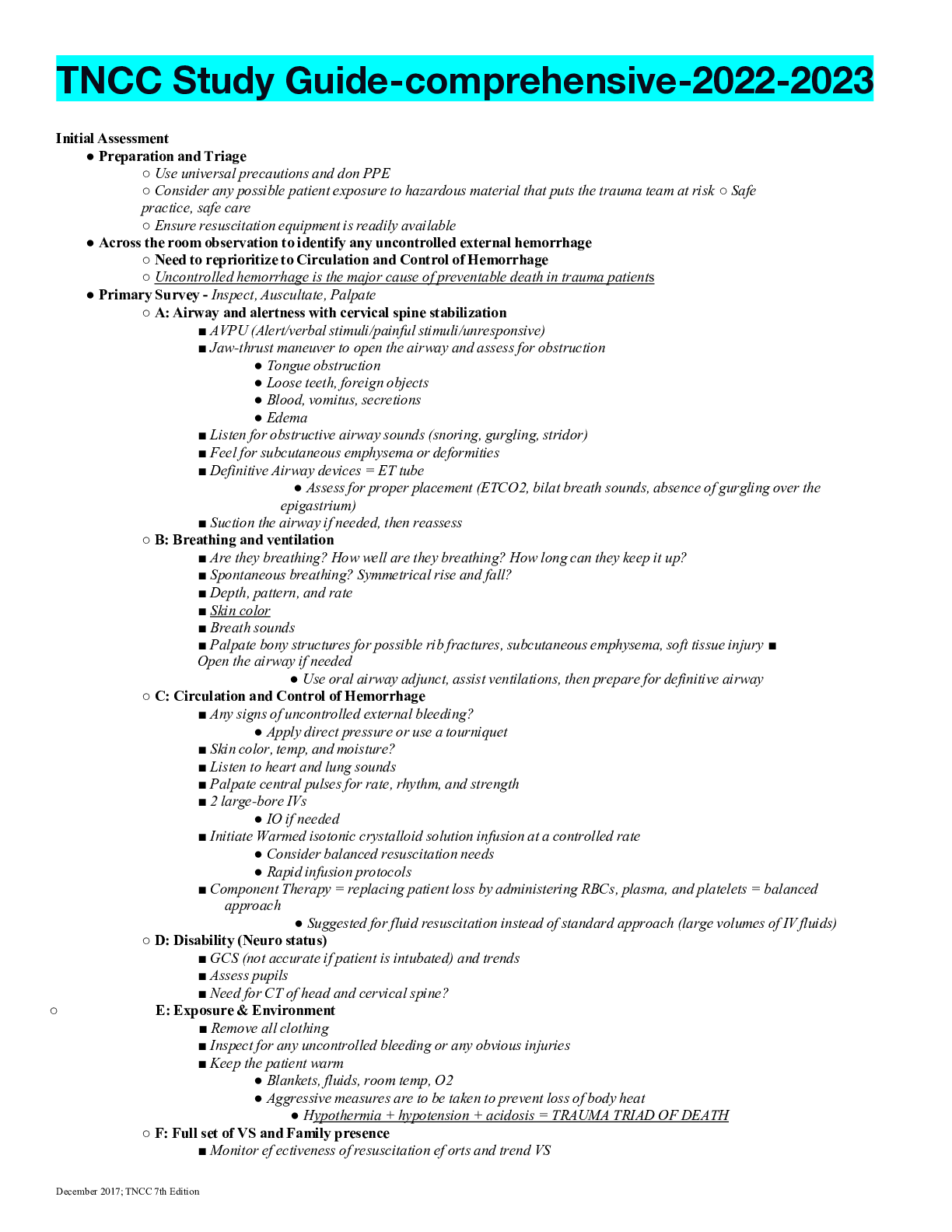 TNCC Study Guide-comprehensive-2022-2023 - Scholarfriends