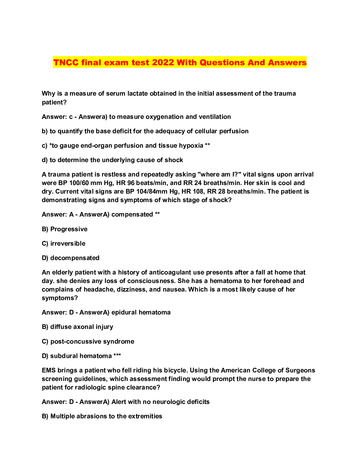 TNCC final exam test 2022 With Questions And Answers – Scholarfriends ...