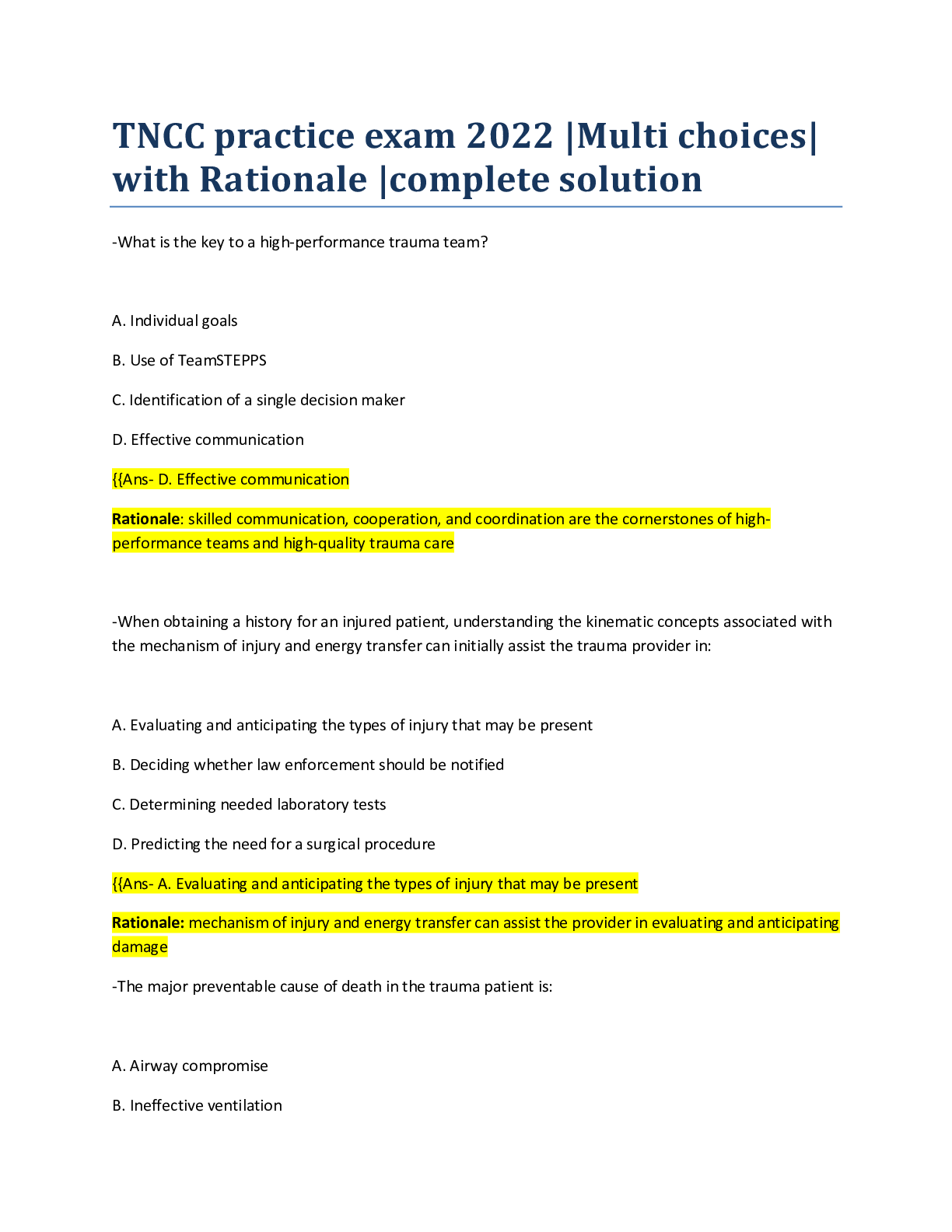 TNCC practice exam 2022 |Multi choices| with Rationale |complete ...