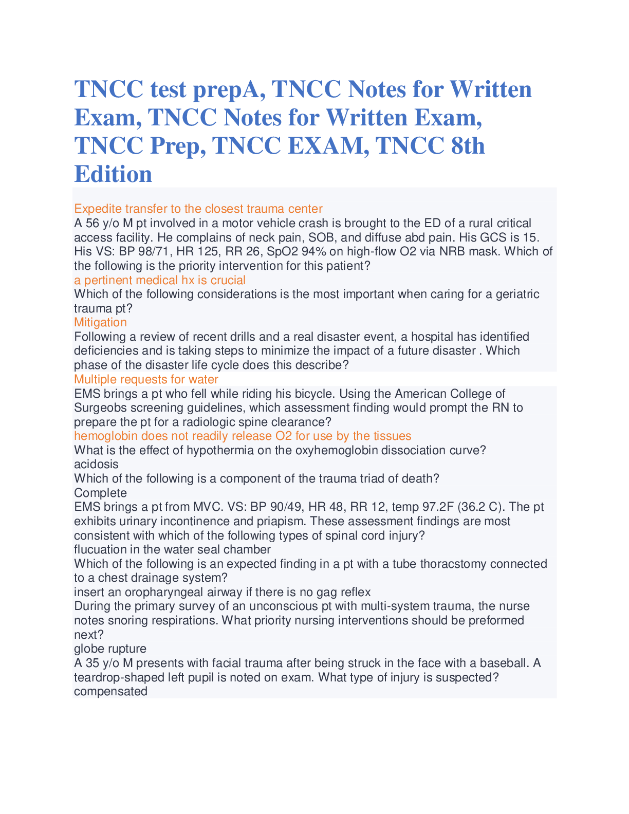 TNCC test prepA, TNCC Notes for Written Exam, TNCC Notes for Written ...