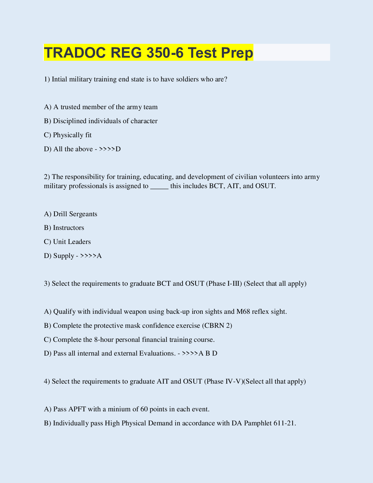 TRADOC REG 350-6 Test Prep | 100 Questions with 100% Correct Answers ...