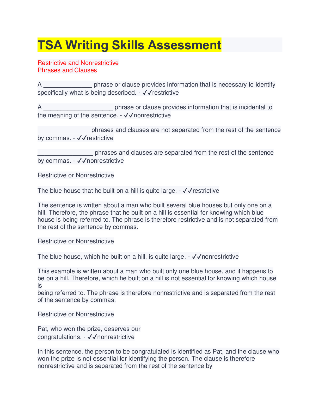 TSA Writing Skills Assessment | with COMPLETE SOLUTION - Scholarfriends