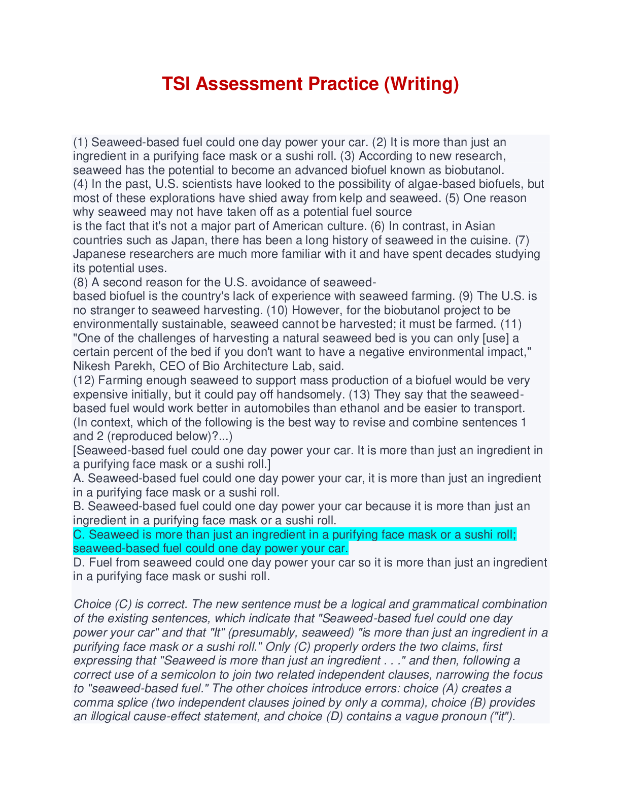 2022-2023 TSI Assessment Practice (Writing) Exam - Scholarfriends