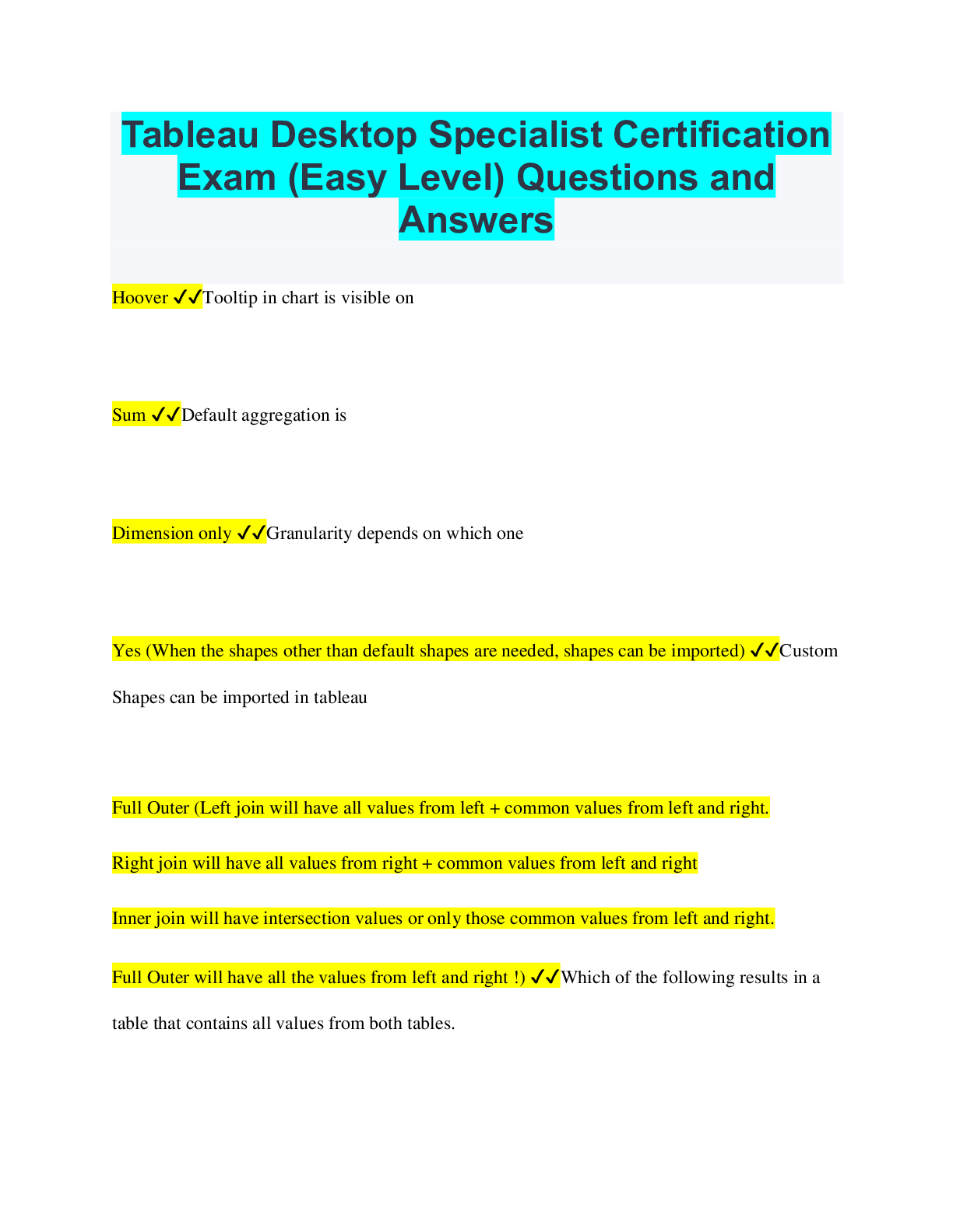 Tableau Desktop Specialist Certification Exam (Easy Level) Questions ...