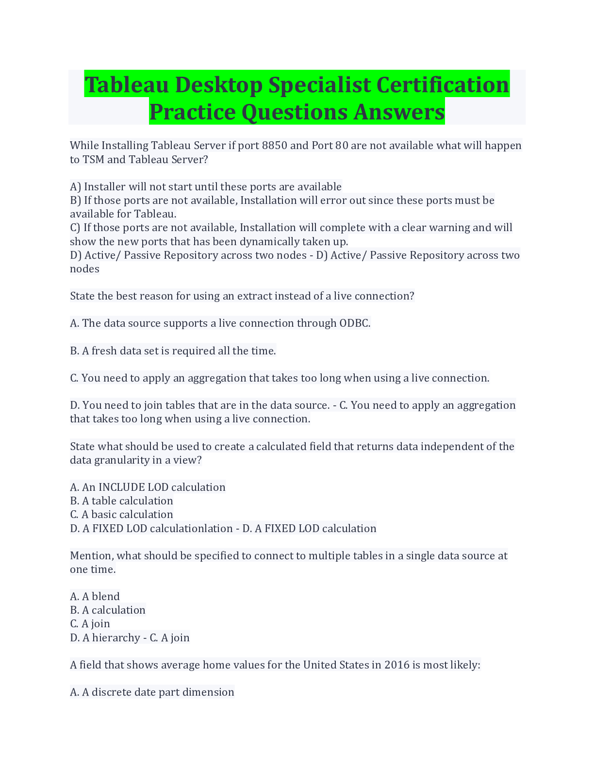 Tableau Desktop Specialist Certification Practice Questions Answers ...