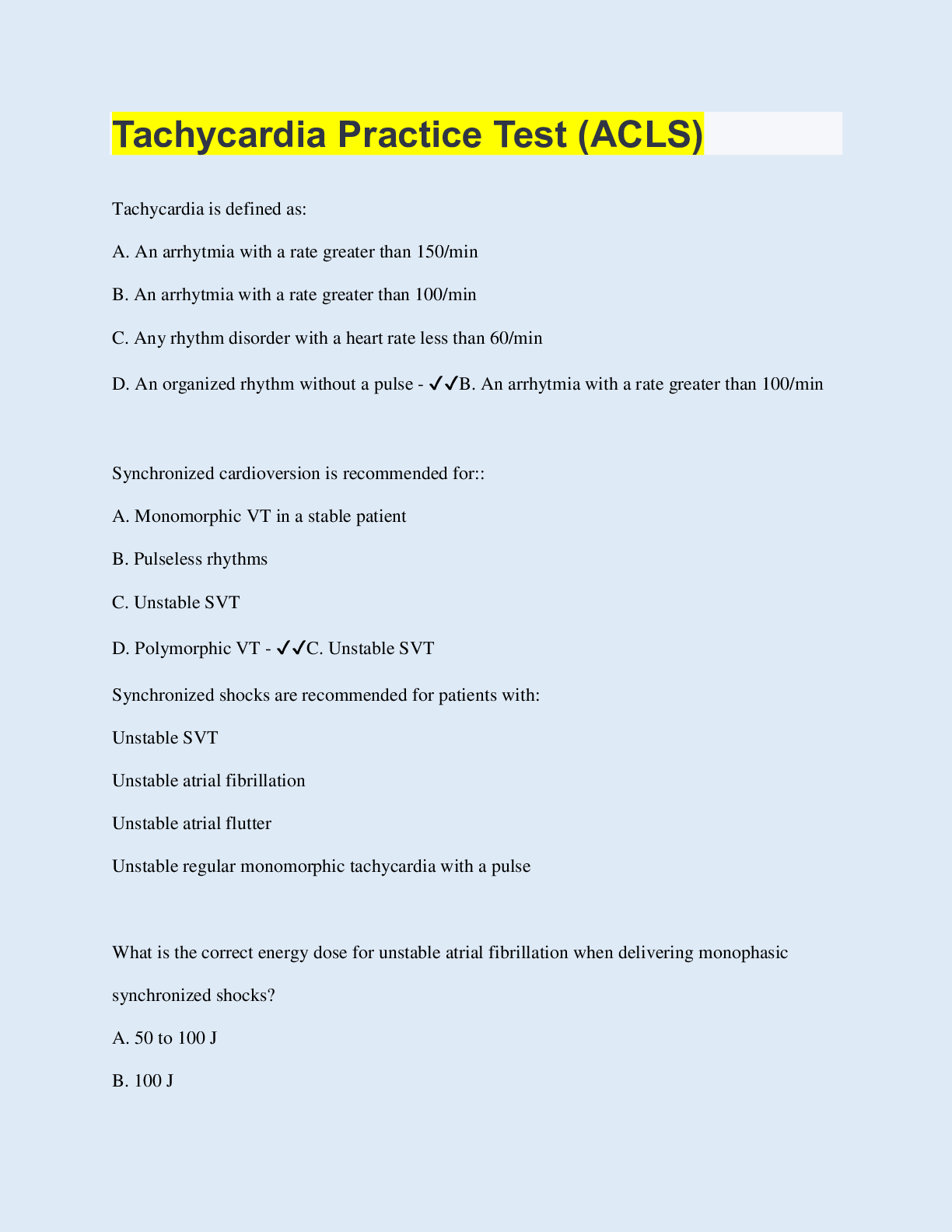 Tachycardia Practice Test (ACLS) - Scholarfriends