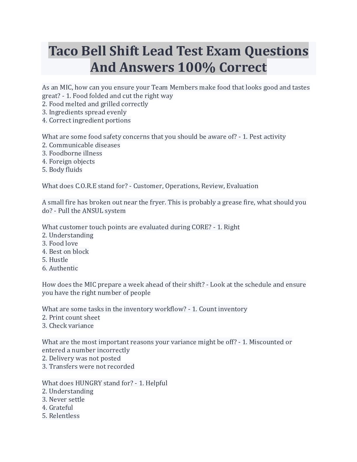 Taco Bell Shift Lead Test Exam Questions And Answers 100% Correct ...