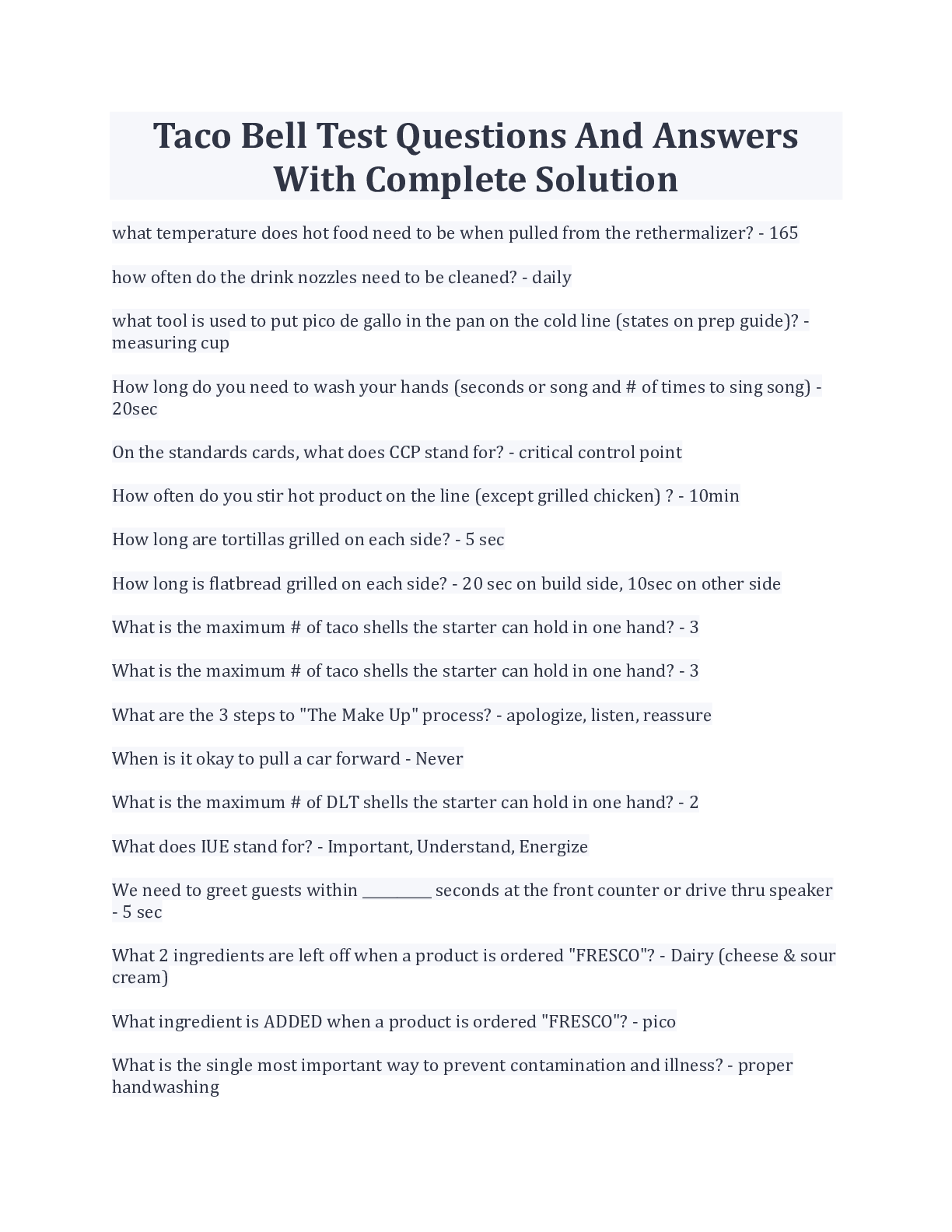 Taco Bell Test Questions And Answers With Complete Solution ...