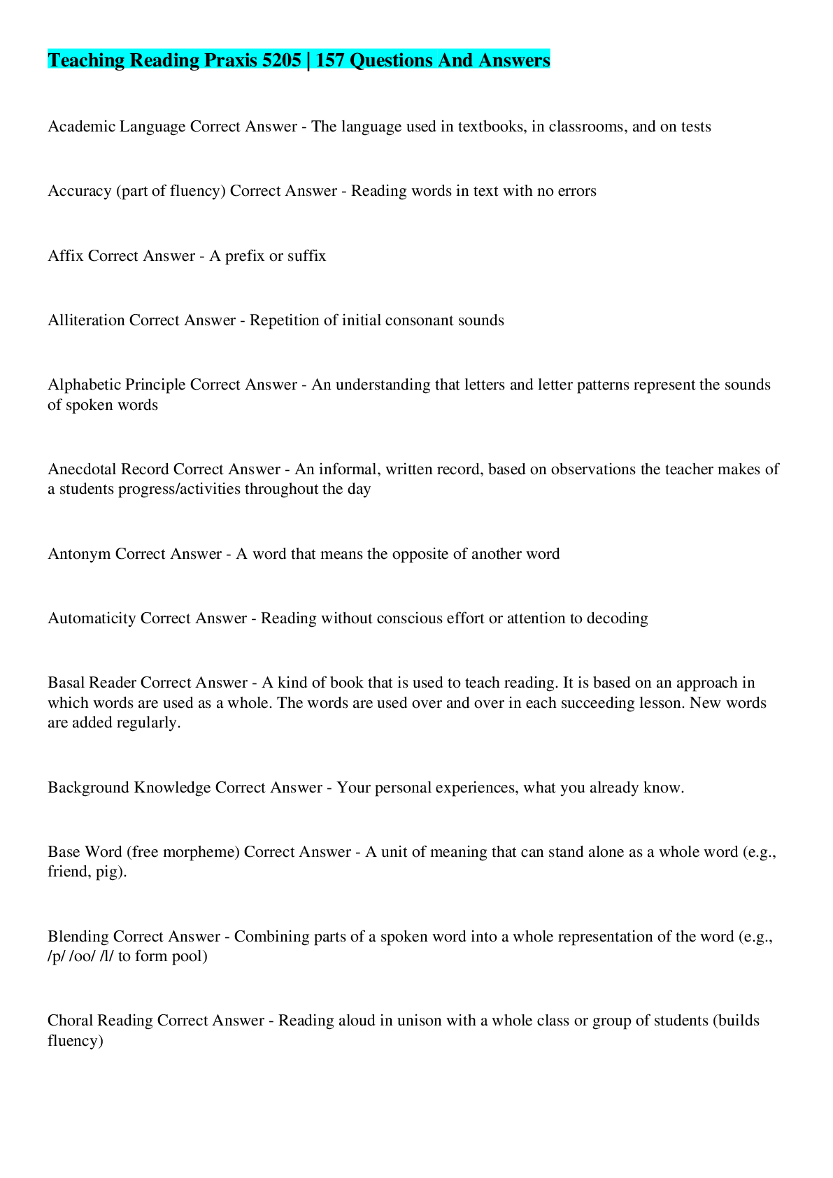 Teaching Reading Praxis 5205 | 157 Questions And Answers - Scholarfriends