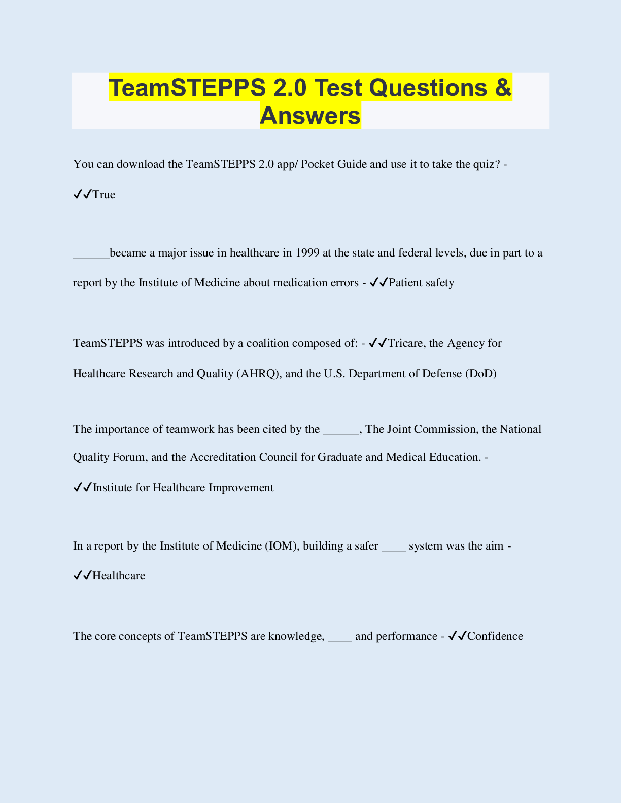 TeamSTEPPS 2.0 Test Questions & Answers - Scholarfriends